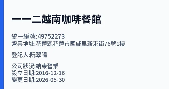 一一二越南咖啡餐館的照片-統編 49752273(花蓮縣) 公司登記資料與營業項目詳細圖表