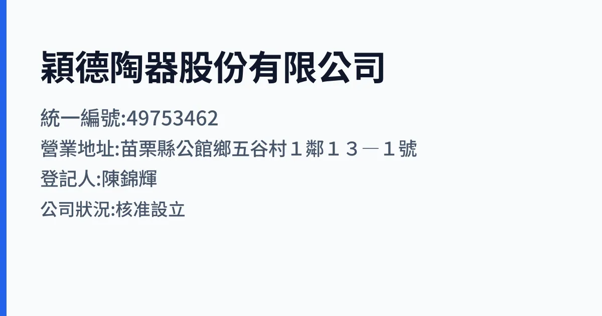 穎德陶器股份有限公司 - 統編 49753462(苗栗縣) 公司登記資料與營業項目詳細圖表