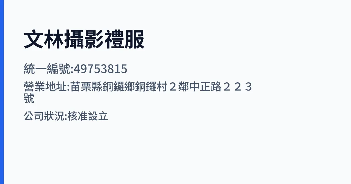 文林攝影禮服 - 統編 49753815(苗栗縣) 公司登記資料與營業項目詳細圖表