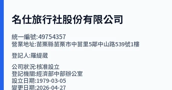 名仕旅行社股份有限公司的照片-統編 49754357(苗栗縣) 公司登記資料與營業項目詳細圖表