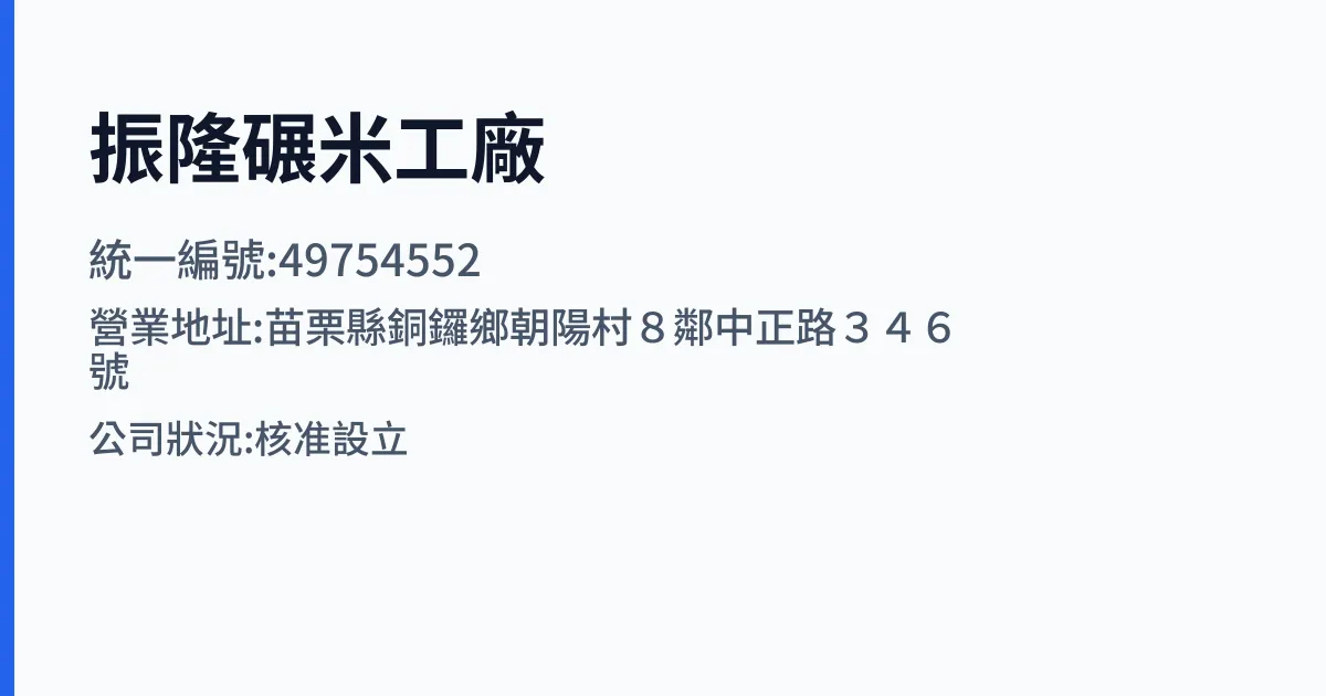 振隆碾米工廠 - 統編 49754552(苗栗縣) 公司登記資料與營業項目詳細圖表