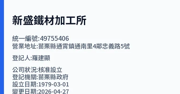 新盛鐵材加工所的照片-統編 49755406(苗栗縣) 公司登記資料與營業項目詳細圖表