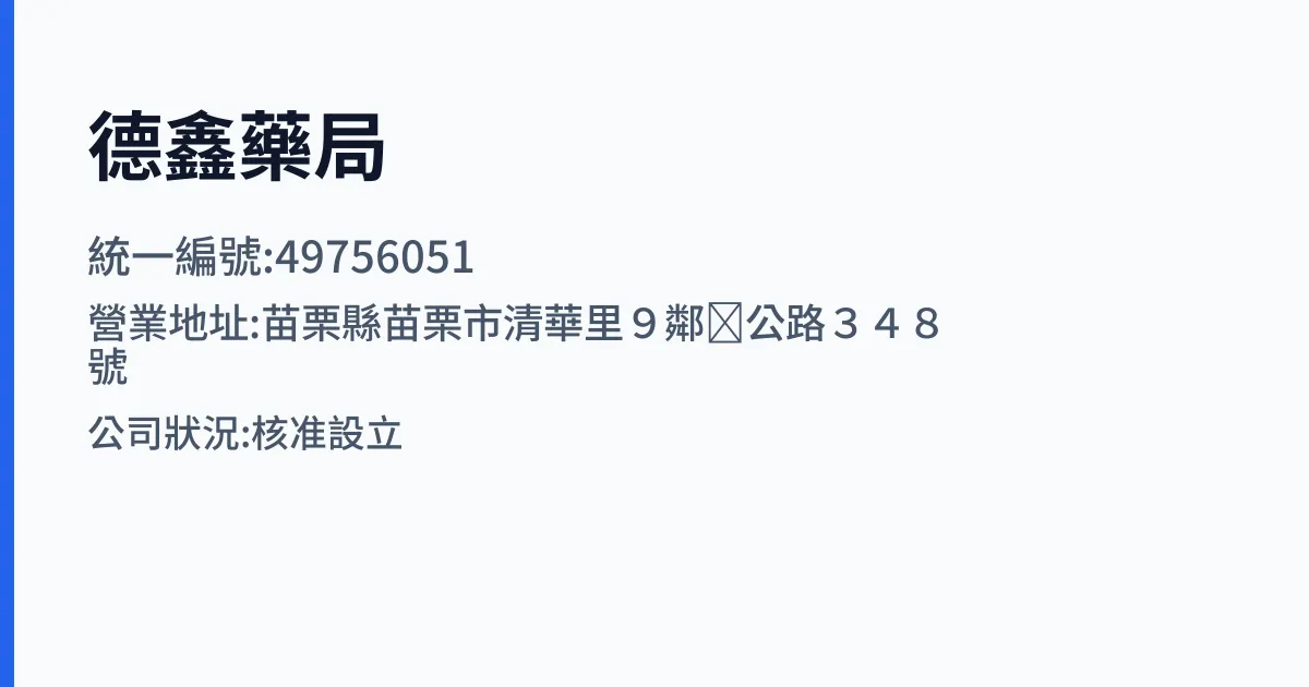 德鑫藥局 - 統編 49756051(苗栗縣) 公司登記資料與營業項目詳細圖表