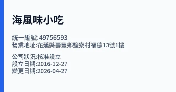 海風味小吃的照片-統編 49756593(花蓮縣) 公司登記資料與營業項目詳細圖表
