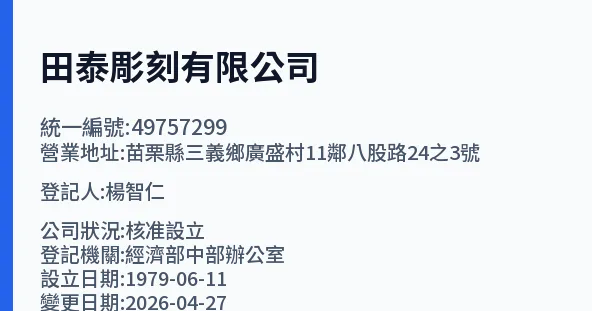 田泰彫刻有限公司的照片-統編 49757299(苗栗縣) 公司登記資料與營業項目詳細圖表