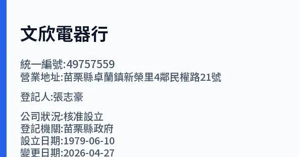 文欣電器行的照片-統編 49757559(苗栗縣) 公司登記資料與營業項目詳細圖表