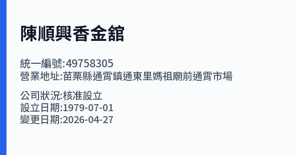 陳順興香金舘的照片-統編 49758305(苗栗縣) 公司登記資料與營業項目詳細圖表