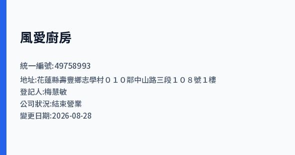 風愛廚房的照片-統編 49758993(花蓮縣) 公司登記資料與營業項目詳細圖表