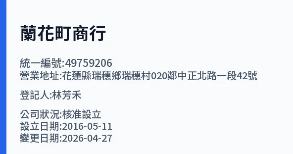 蘭花町商行的照片-統編 49759206(花蓮縣) 公司登記資料與營業項目詳細圖表
