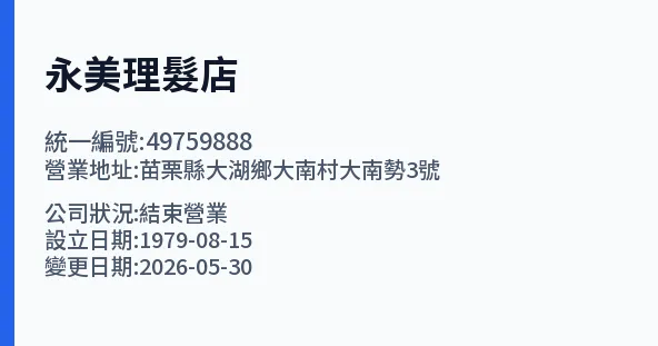 永美理髮店的照片-統編 49759888(苗栗縣) 公司登記資料與營業項目詳細圖表