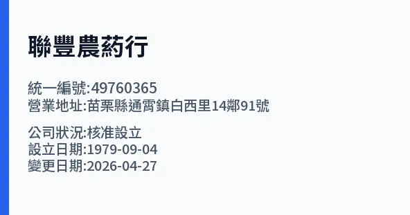 聯豐農葯行的照片-統編 49760365(苗栗縣) 公司登記資料與營業項目詳細圖表
