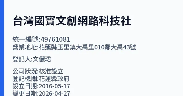 台灣國寶文創網路科技社的照片-統編 49761081(花蓮縣) 公司登記資料與營業項目詳細圖表