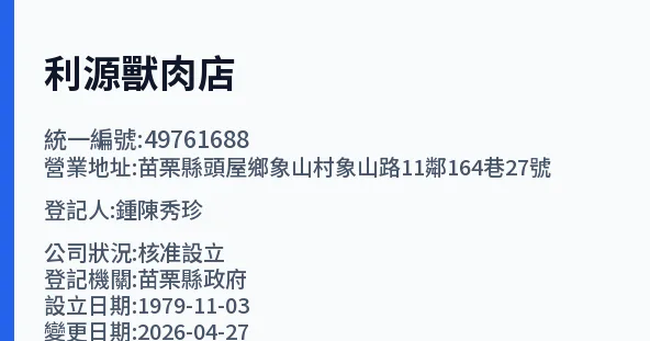 利源獸肉店的照片-統編 49761688(苗栗縣) 公司登記資料與營業項目詳細圖表