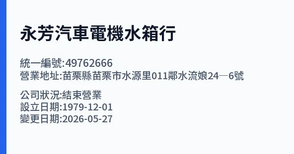 永芳汽車電機水箱行的照片-統編 49762666(苗栗縣) 公司登記資料與營業項目詳細圖表