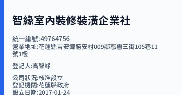智緣室內裝修裝潢企業社的照片-統編 49764756(花蓮縣) 公司登記資料與營業項目詳細圖表