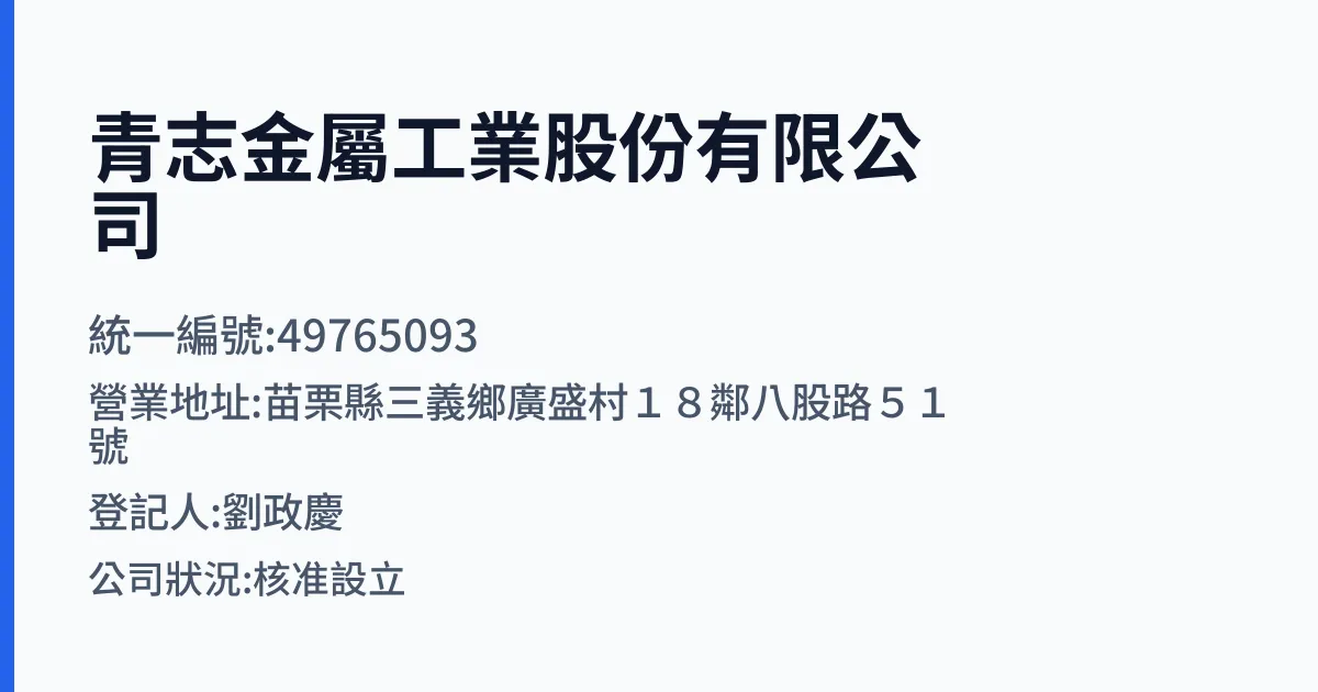 青志金屬工業股份有限公司 - 統編 49765093(苗栗縣) 公司登記資料與營業項目詳細圖表