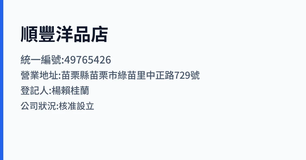 順豐洋品店 - 統編 49765426(苗栗縣) 公司登記資料與營業項目詳細圖表