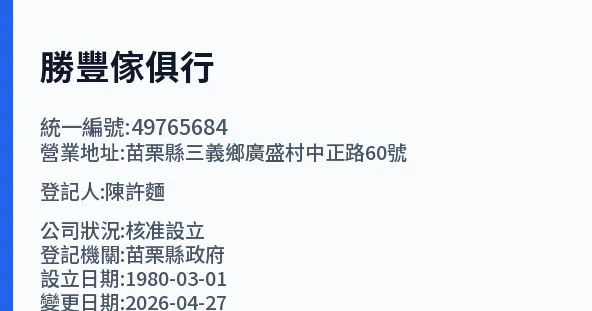 勝豐傢俱行的照片-統編 49765684(苗栗縣) 公司登記資料與營業項目詳細圖表