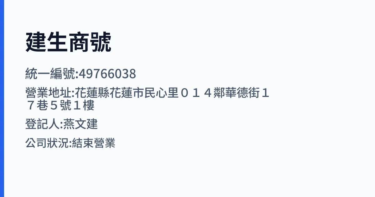 建生商號 - 統編 49766038(花蓮縣) 公司登記資料與營業項目詳細圖表