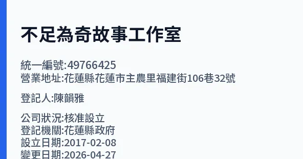不足為奇故事工作室的照片-統編 49766425(花蓮縣) 公司登記資料與營業項目詳細圖表