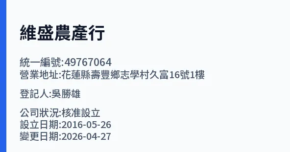維盛農產行的照片-統編 49767064(花蓮縣) 公司登記資料與營業項目詳細圖表