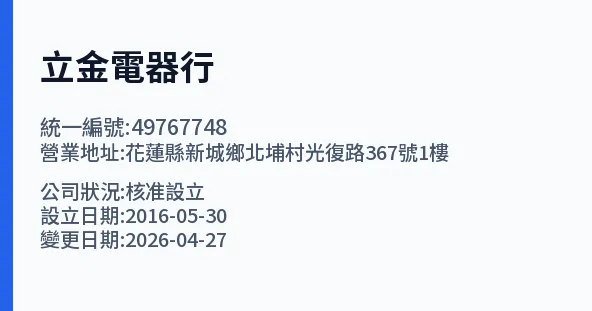 立金電器行的照片-統編 49767748(花蓮縣) 公司登記資料與營業項目詳細圖表