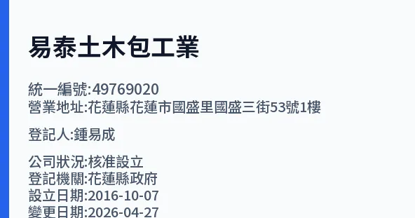 易泰土木包工業的照片-統編 49769020(花蓮縣) 公司登記資料與營業項目詳細圖表