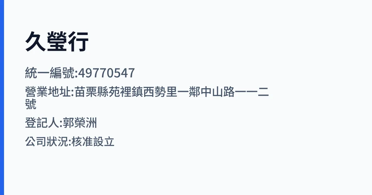 久瑩行 - 統編 49770547(苗栗縣) 公司登記資料與營業項目詳細圖表