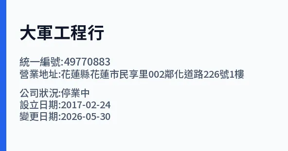 大軍工程行的照片-統編 49770883(花蓮縣) 公司登記資料與營業項目詳細圖表