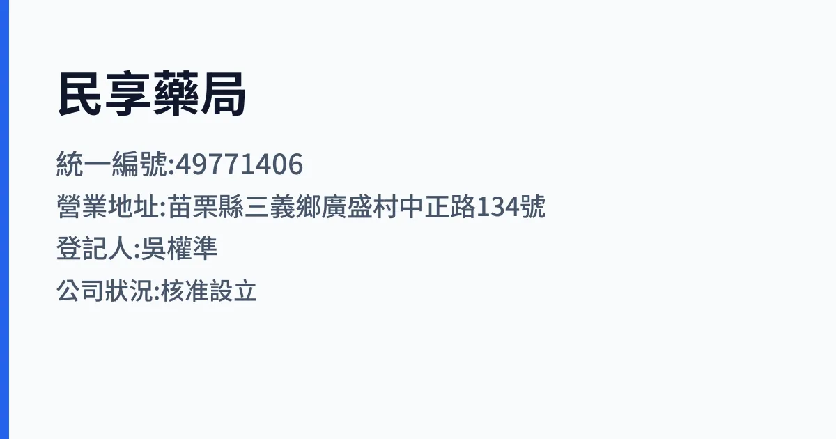 民享藥局 - 統編 49771406(苗栗縣) 公司登記資料與營業項目詳細圖表
