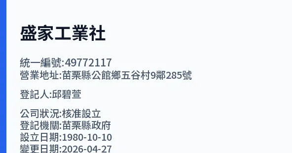 盛家工業社的照片-統編 49772117(苗栗縣) 公司登記資料與營業項目詳細圖表