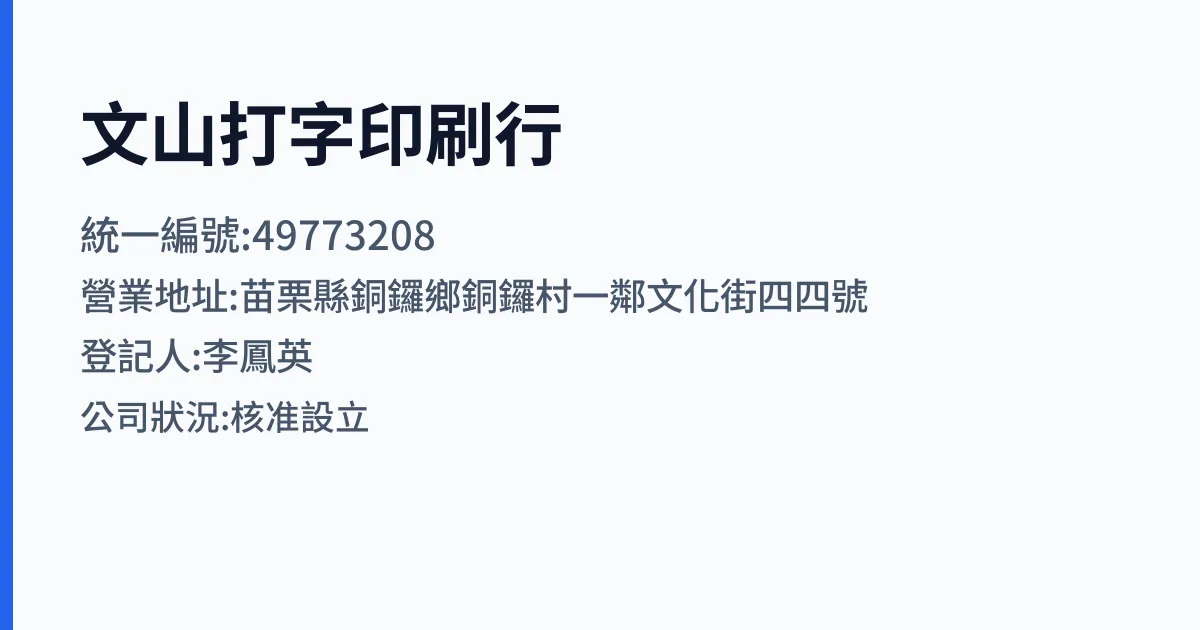文山打字印刷行 - 統編 49773208(苗栗縣) 公司登記資料與營業項目詳細圖表
