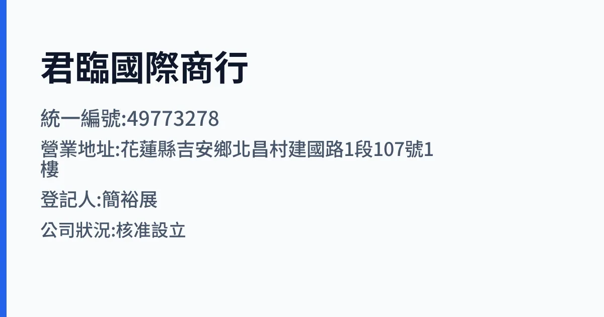 君臨國際商行 - 統編 49773278(花蓮縣) 公司登記資料與營業項目詳細圖表