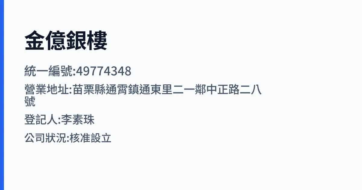 金億銀樓 - 統編 49774348(苗栗縣) 公司登記資料與營業項目詳細圖表