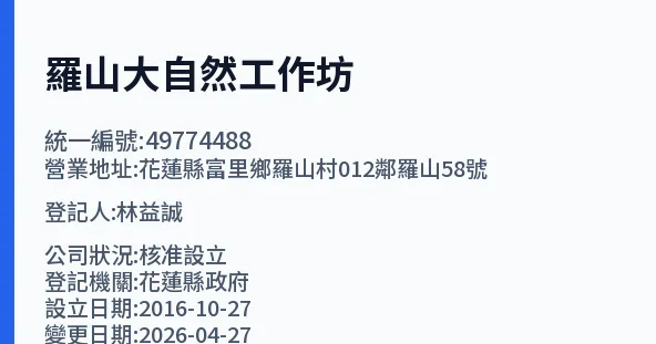 羅山大自然工作坊的照片-統編 49774488(花蓮縣) 公司登記資料與營業項目詳細圖表