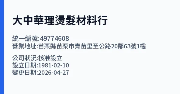 大中華理燙髮材料行的照片-統編 49774608(苗栗縣) 公司登記資料與營業項目詳細圖表
