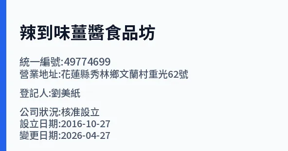 辣到味薑醬食品坊的照片-統編 49774699(花蓮縣) 公司登記資料與營業項目詳細圖表