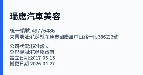瑞應汽車美容的照片-統編 49776486(花蓮縣) 公司登記資料與營業項目詳細圖表