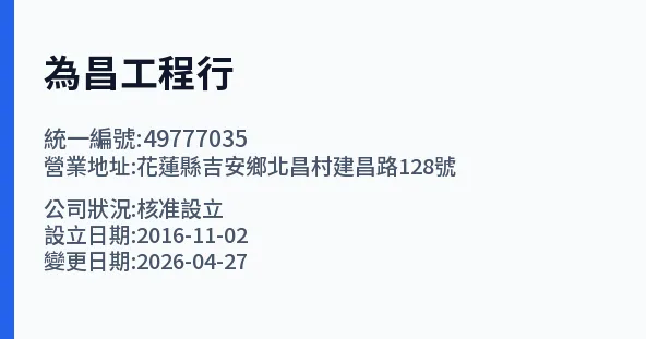 為昌工程行的照片-統編 49777035(花蓮縣) 公司登記資料與營業項目詳細圖表