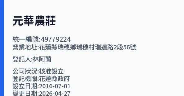 元華農莊的照片-統編 49779224(花蓮縣) 公司登記資料與營業項目詳細圖表