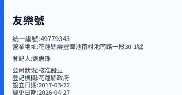 友樂號的照片-統編 49779343(花蓮縣) 公司登記資料與營業項目詳細圖表