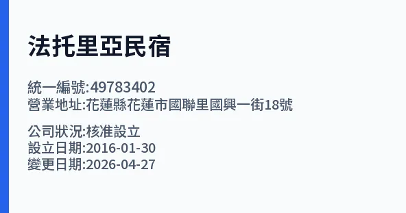 法托里亞民宿的照片-統編 49783402(花蓮縣) 公司登記資料與營業項目詳細圖表