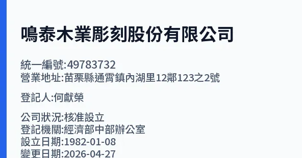 鳴泰木業彫刻股份有限公司的照片-統編 49783732(苗栗縣) 公司登記資料與營業項目詳細圖表