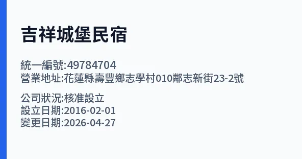 吉祥城堡民宿的照片-統編 49784704(花蓮縣) 公司登記資料與營業項目詳細圖表