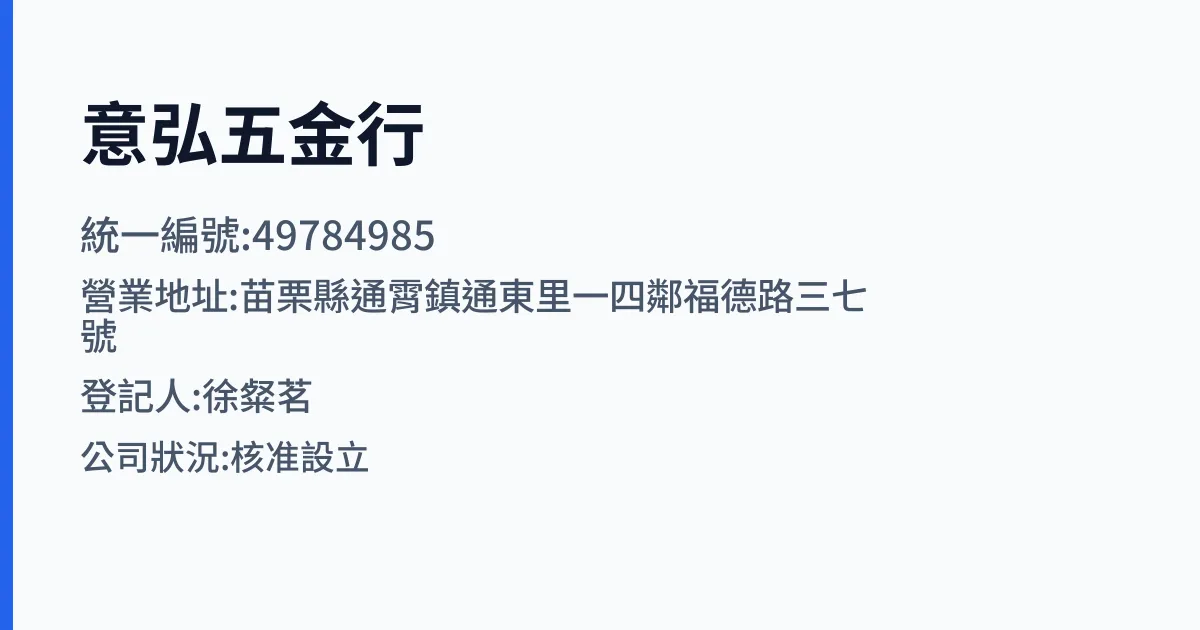 意弘五金行 - 統編 49784985(苗栗縣) 公司登記資料與營業項目詳細圖表