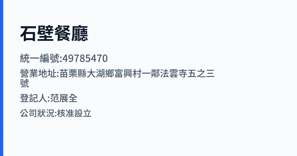 石壁餐廳 - 統編 49785470(苗栗縣) 公司登記資料與營業項目詳細圖表