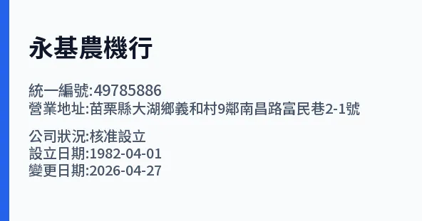 永基農機行的照片-統編 49785886(苗栗縣) 公司登記資料與營業項目詳細圖表