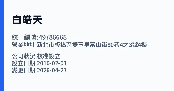 白皓天的照片-統編 49786668(新北市) 公司登記資料與營業項目詳細圖表