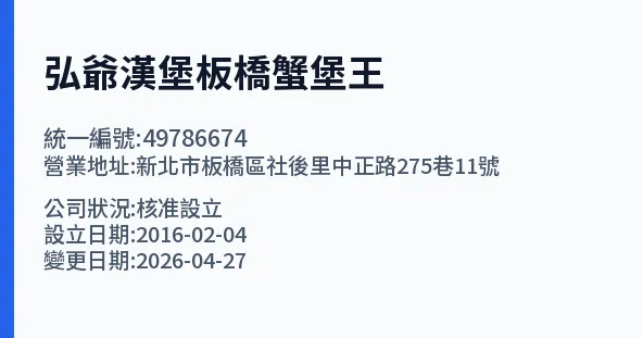弘爺漢堡板橋蟹堡王的照片-統編 49786674(新北市) 公司登記資料與營業項目詳細圖表