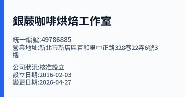 銀蕨咖啡烘焙工作室的照片-統編 49786885(新北市) 公司登記資料與營業項目詳細圖表